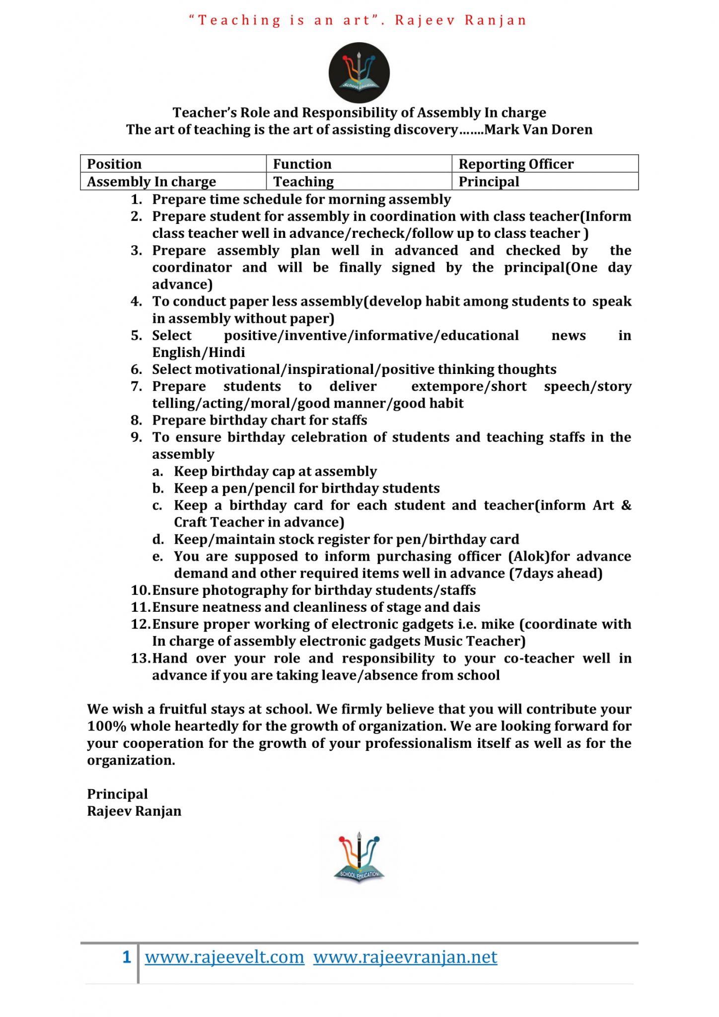 Assembly In charge-Role and Responsibilities – School Education Solutions
